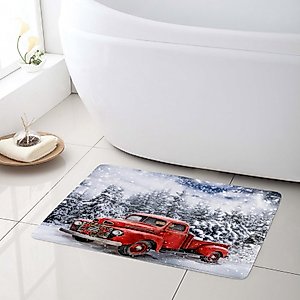 LB Winter Snow Forest Bath Mat Farmhouse Red Truck with Pine Tree Area Rug for Bathroom White Snowflake Doormat Non Slip Memory Foam Super Absorbent Floor Mats,24Wx16H Inch
