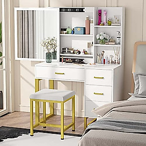 PAKASEPT Makeup Vanity with Sliding Lighted Mirror, Vanity Desk Dressing Table with 4 Drawers, White Vanity with Hidden Shelves & Cushioned Stool for Bedroom(White)