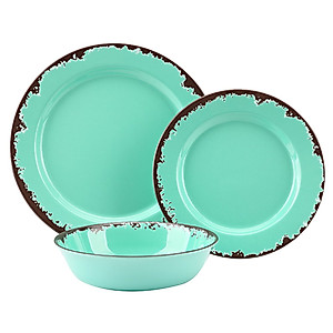 Rustic Melamine Dinnerware Set - 12 Pcs Yinshine Outdoor Camper Dinnerware Dishes Set Service for 4, Green