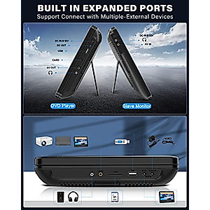 WONNIE 10.1'' Dual Car DVD Player Portable Headrest Video Players for Kids with 2 Mounting Brackets, 5 Hours Rechargeable Battery, Support USB/SD, AV Out& in, Last Memory(1 Player+1 Monitor)