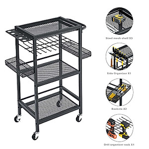Power Tool Organizer Cart with Wheels, Garage Tool Shelf Drill Holders Garage Storage Organization Shelves with Screwdriver Heavy Duty Rack for Workshop Tool Room and Outdoors Working