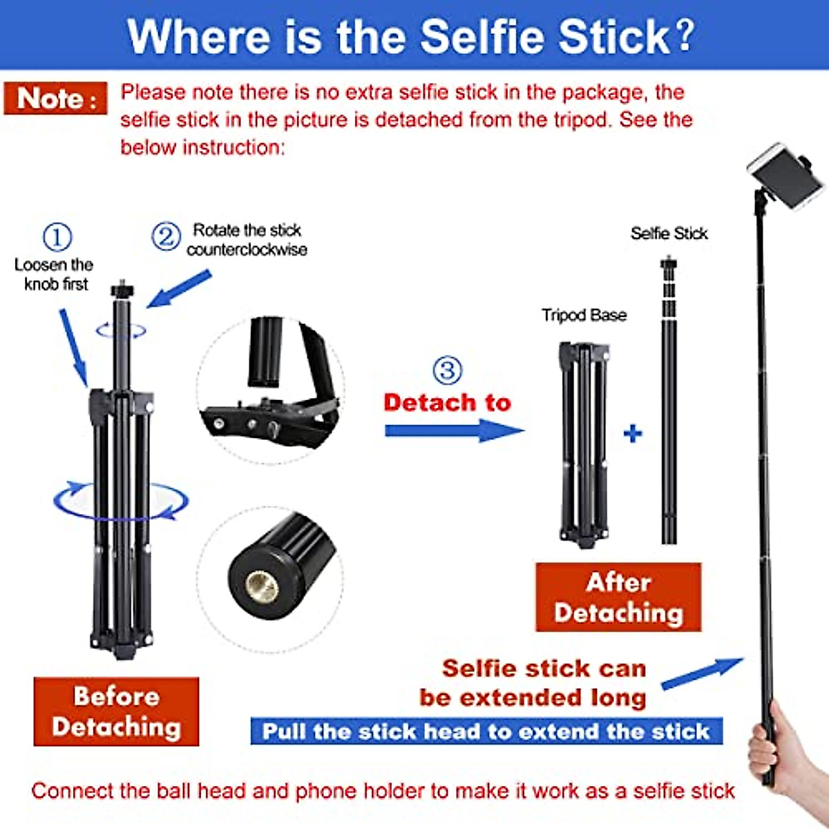 Selfie Stick Tripod, 62 inch Extendable Detachable Selfie Stick Tripod Stand with Remote for iPhone 14 13 12 Pro MAX Samsung Galaxy S23 S22 S21 Ultra