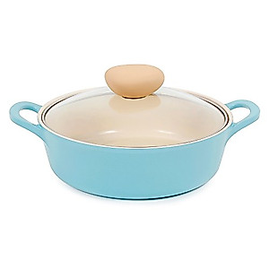 Neoflam Retro 2qt Non-Stick Ceramic Coated Low Stockpot with Integrated Steam Vent Glass Lid, Silicone Hot Handle Holder Included, Saute Pot, Casserole, Dutch Oven, Cookware for Pasta, Stew, Mint Blue