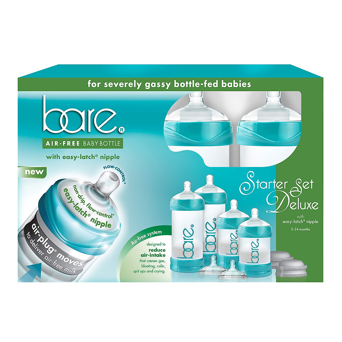 Bare Air-Free Starter Set feeding system with Easy-latch (for baies fed with baby bottles) by Bittylab. Airfree technology cuts down on reflux, colic, gas, fuss & sleep troubles. Easy instructions.