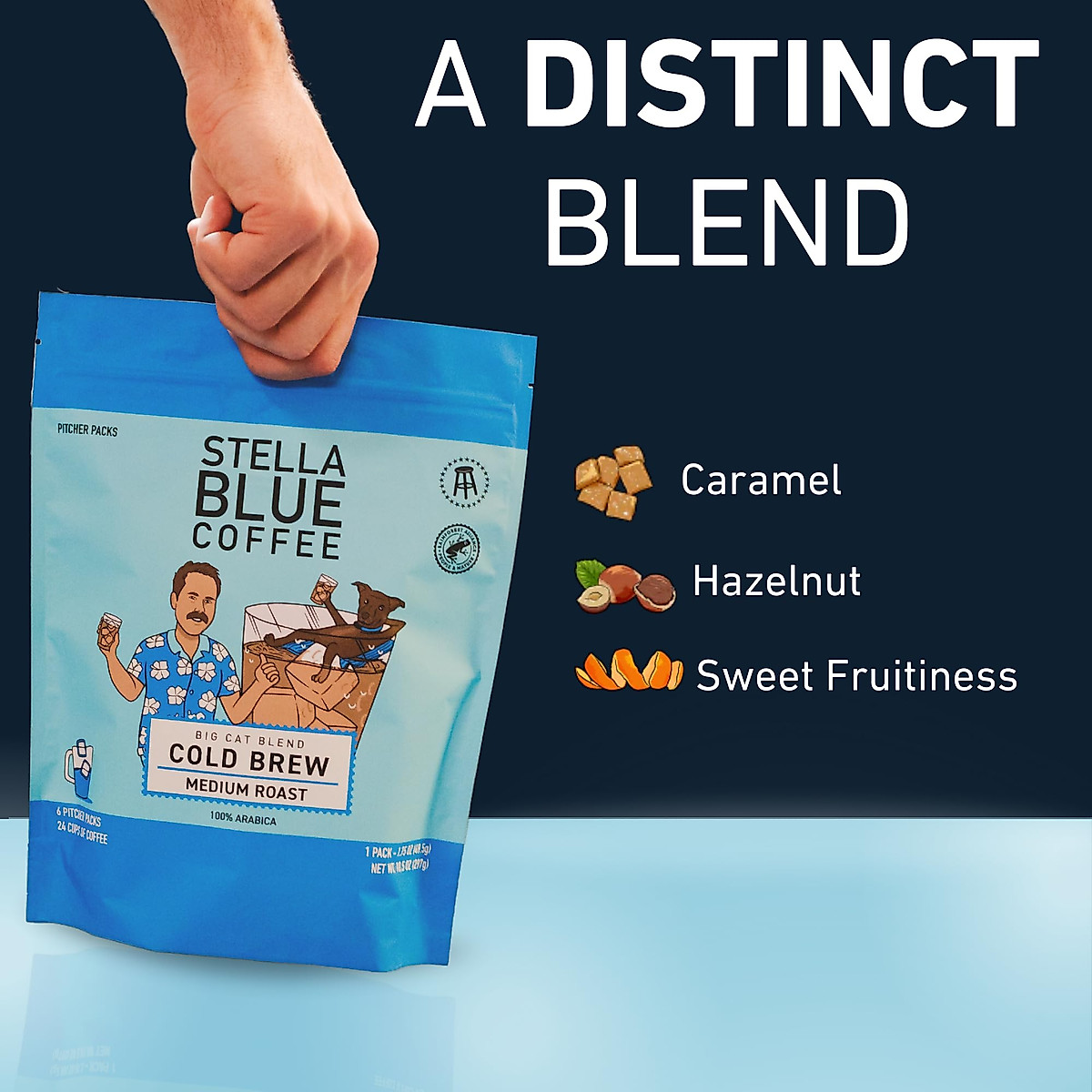 STELLA BLUE Fresh Cold Brew Coffee | Big Cat Blend | 100% Arabica MEDIUM Roast | Enriching Caramel & Hazelnut Notes & Sweet Fruitiness | Cold Brew for True Fanatics | 6 Packets to Make 24 Cups
