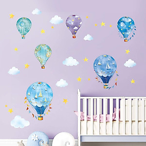 decalmile 6 Nautical Hot Air Balloons Wall Decals Stars Cloud Star Wall Stickers Baby Nursery Kids Bedroom Wall Decor(Size: 10"/6" H)
