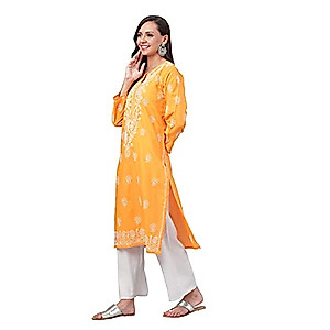Ada Traditional Handcrafted Indian Chikankari Women's Cotton Kurta Kurti Tunic XS196540 Mustard