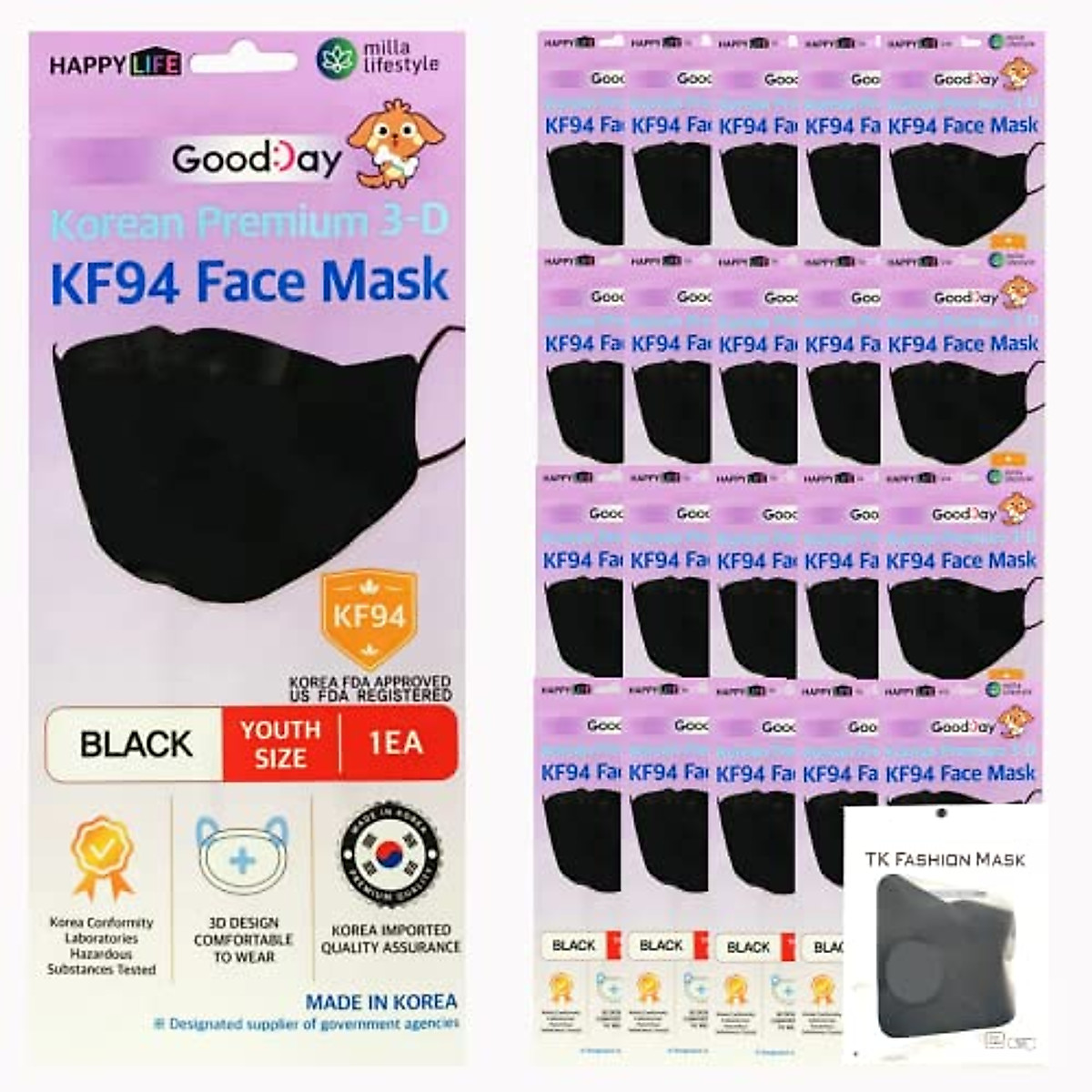(Pack of 20) KF-94 Kids Black Face Mask, Individual Pack Youth, 4-Layer Filters Disposable, Made in Korea