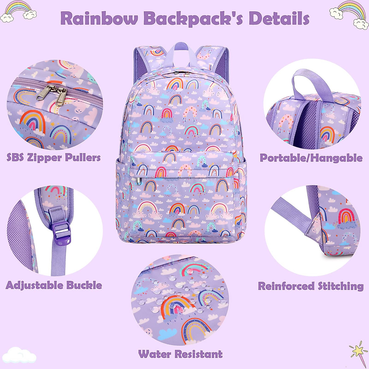 Rainbow Backpack for Girls, 3PCS Rainbow Backpack with Square Lunch Bag & Pencil Case Set for Girls, Large Capacity Kids School Bookbag Set for Preschool Kindergarten Elementary School