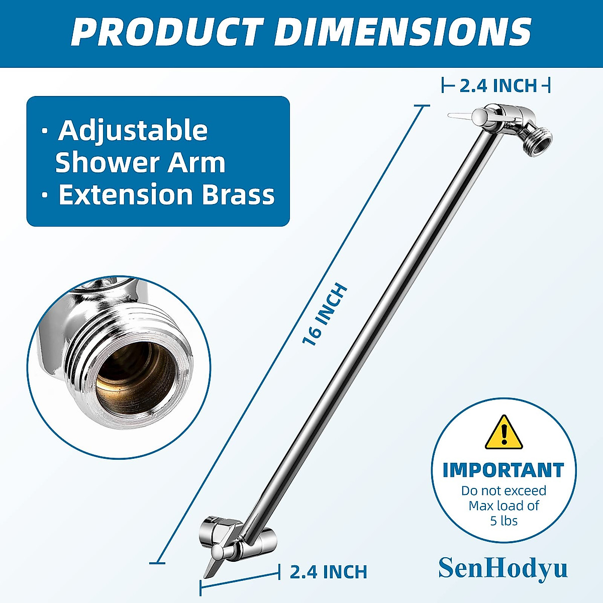 Adjustable Shower Head Extension Arm by SenHodyu - 16" Solid Brass Shower Arm Extension with Lock Joints, Universal Connection to Rain Shower Heads, Easy to Install (Luxury Polished Chrome)