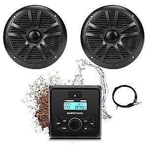 Marine Stereo Audio System with Marine Speakers and Gauge Receiver Package, IPX6 Weatherproof Bluetooth Audio Receiver and AM FM Radio Receiver, USB, MP3, Aux input, 2 x 6.5 Inch Black Marine Speakers