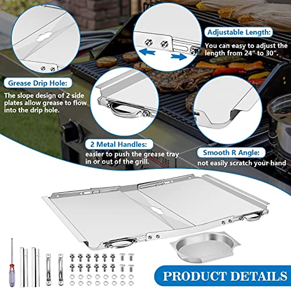 Copiu Grill Grease Tray with Catch Pan, 24"-30" Adjustable Grill Replacement Parts Stainless Steel Outdoor BBQ Drip Pan for Dyna Glo, Nexgrill, Expert Grill, Kenmore, BHG, Backyard, Uniflame and More
