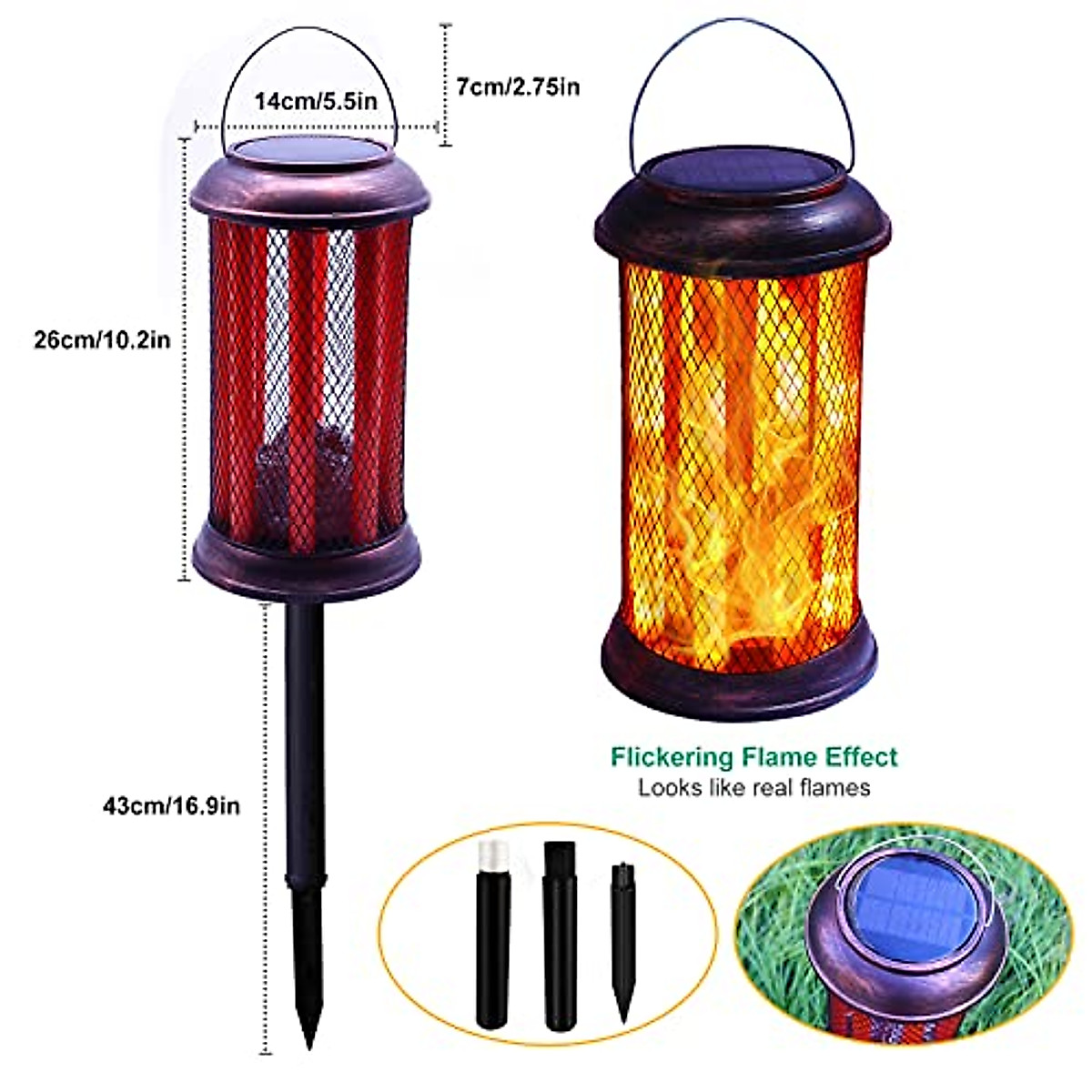 Solar Lanterns Flickering Flame Lights Metal Flame Lantern Outdoor Hanging Lighting Waterproof LED Flame Lights for Patio Garden Yard Winter Gift for Christmas