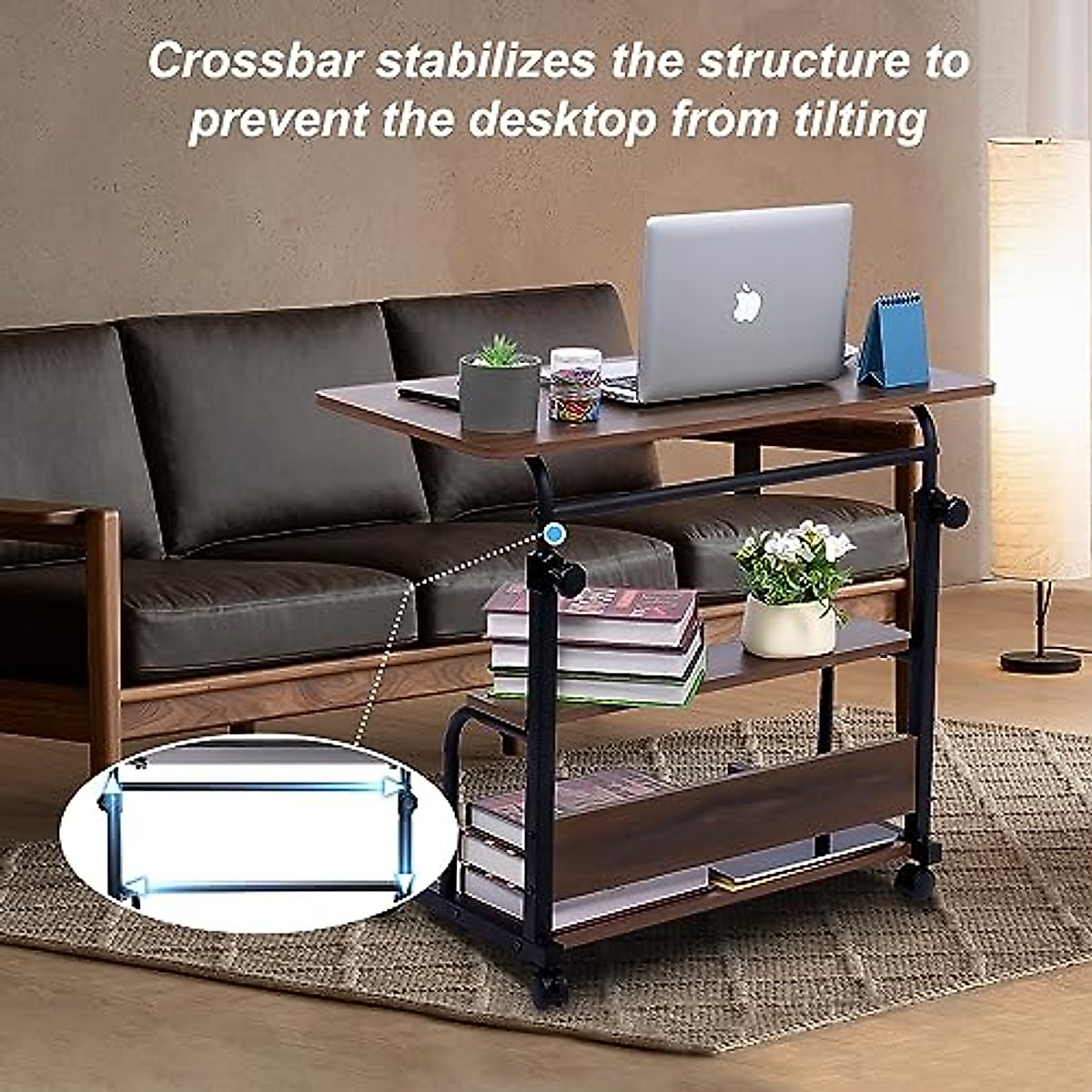 Portable Desk Small Desks for Small Spaces Laptop Table Brown Rolling Adjustable Desk on Wheels Mobile Couch Desk for Bedroom Home Office Computer Standing Desk Student Desk with Storage 32x16 Inch