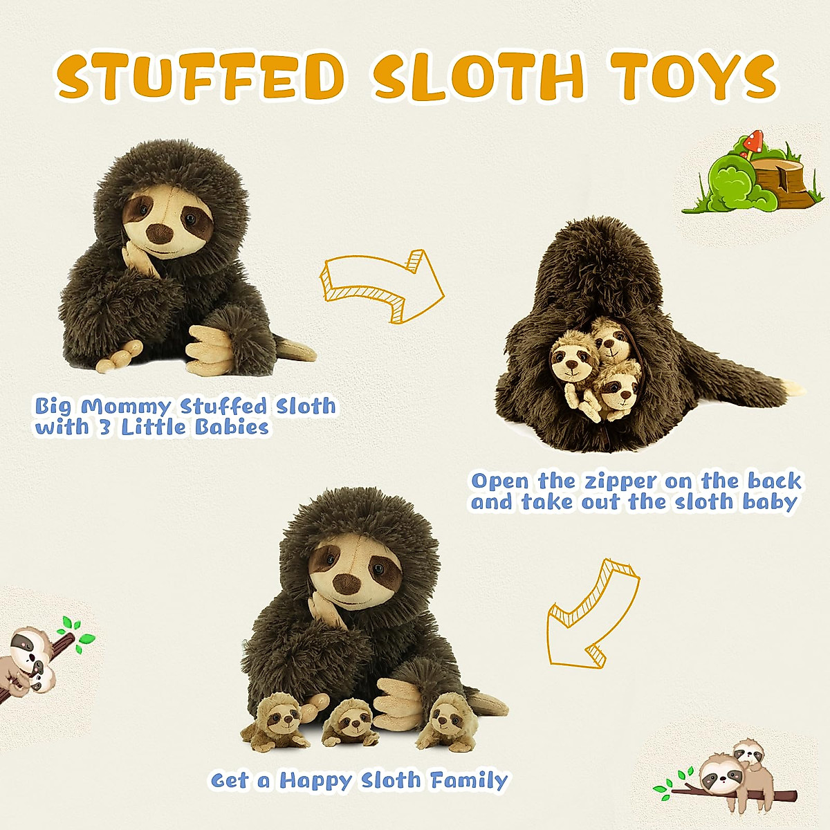 YOHAKI Sloth Plush Animal, 11.02" Cute Stuffed Sloth with 3 Baby Sloths, Easter Stuffed Sloth Animal, Washable Plush Toys, Cute Three Toed Sloth Birthday Gifts for Kids Boys and Girls, Brown