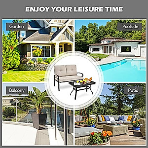 Giantex Patio Loveseat with Coffee Table Outdoor Bench with Cushion and Metal Frame, Loveseat Porch Furniture Set Sofa for Garden, Yard, Patio or Poolside (Light Beige & Black)