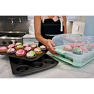 Top Shelf Elements Cupcake Carrier With Two Muffin Pan/Cupcake Pan Stylish Cupcake Carrier With Handle Carrier Holds 24 Cupcakes Muffin Tin Holds 12 Cupcakes Non Stick Cupcake Tray For Baking (Green)