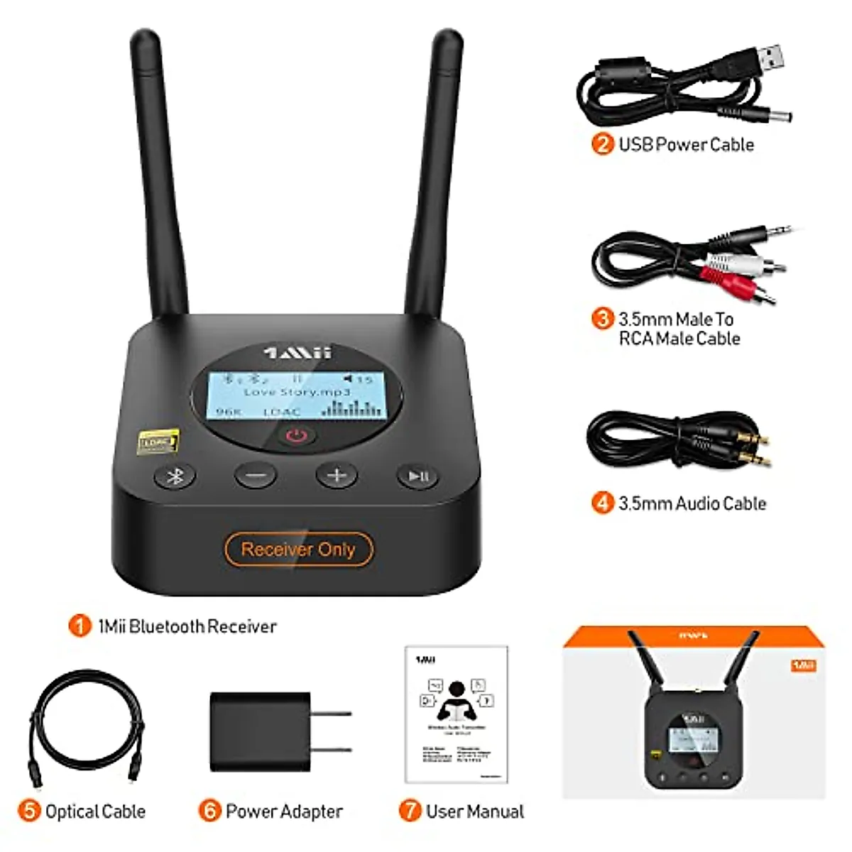 1Mii B06Pro+ Bluetooth Receiver, Hi-Res Bluetooth 5.1 Wireless Audio Adapter w/LDAC for Home Stereo, Long Range HiFi Bluetooth Receiver aptX HD Low Latency Volume Control LCD Display