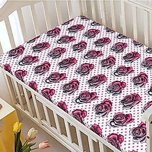 Pink Polka Dots Themed Fitted Mini Crib Sheets,Portable Mini Crib Sheets Soft and Breathable Bed Sheets-Baby Crib Sheets for Girl or Boy,24“ x38“,Pink Dark Taupe Grey Grey Pink