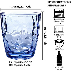Topsky 10 oz Plastic Water Tumblers | Set of 4 Transparent Unbreakable Drinking Glasses Clear Acrylic Reusable Juice Wine Cups for Home Picnic Party, Dishwasher Safe, Stackable (Blue)