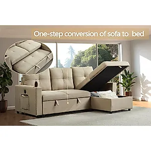 Bonrcea Pull Out Sleeper Sofa,L-Shaped Reversible Sleeper Sectional Sofa Bed with Storage Chaise for Living Room (Light.Brown)