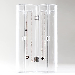 Spinning Tubular Acrylic Jewelry Storage Holder, Rotating Organizer - 24 Hooks for Dressing Table, Cosmetic Stations, Dresser, Bathroom Vanity Countertop - Holds Necklaces, Bracelets Clear