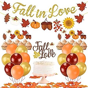 Autumn Bridal Shower Party Decorations, Fall in Love Banner Autumn Little Pumpkin Maple Leaves Acorn Party Cake Topper Balloon for Fall Theme Wedding Bachelorette Engagement Bride to be Valentines Day Party Supplies