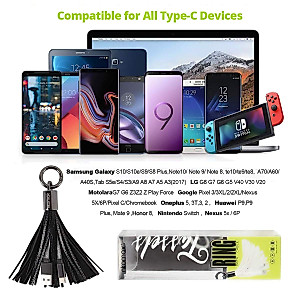 1 one enjoy Tassel Key Chain Charging Cable USB-C to USB-A Cable, Leather Tassel Key Chain Type C Cord for Galaxy S10,S9, Note 9,S8, LG V30 V20 G6 5, Pix.el 2,Hvawei P9,P8 Moto G7 G6 Z3(Black) (TasselNC1)
