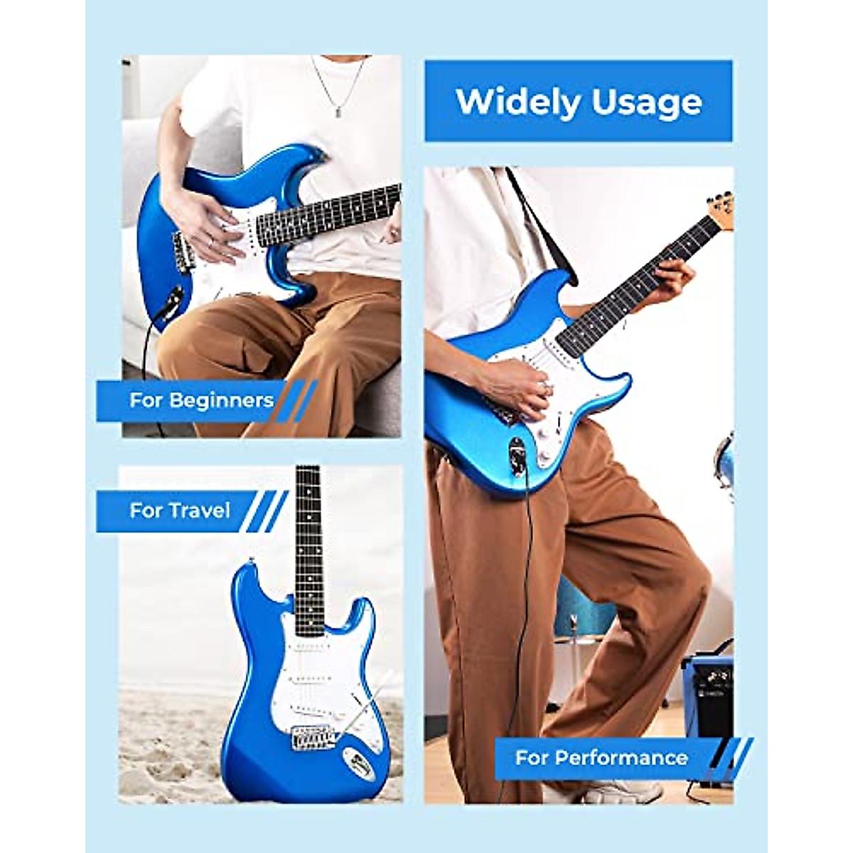 Electric Guitar 39 Inch Full Size Electric Guitar Beginner Starter Kit Bundle with Folding 10W Amp for Adults Teens,Metallic Blue, by Vangoa