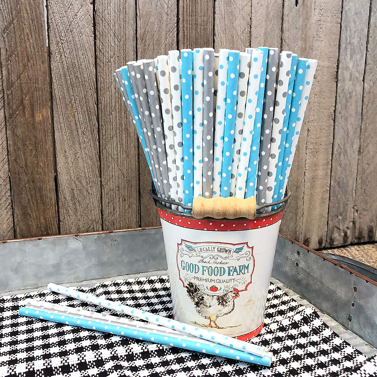 Polka Dot Paper Straws - Light Blue Silver White - 7.75 Inches - 100 Pack - Outside the Box Papers Brand
