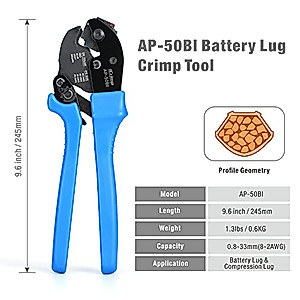 iCrimp AP-50BI Battery Cable Ring Terminal Crimper for 8, 6, 4, 2AWG Copper Cable Lugs, Heavy Duty Wire Lugs and Battery Cable Ends