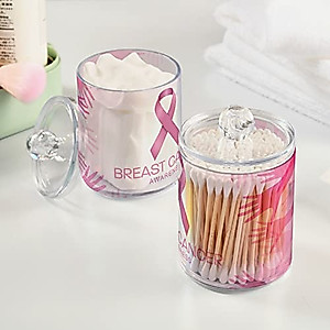 Breast Cancer Awareness 2 Pack 10 OZ Qtip Holder Dispenser for Cotton Ball, Cotton Swab, Cotton Round Pads, Floss, Plastic Apothecary Jar Set for Bathroom Canister Storage Organization, Vanity Makeup Organizer