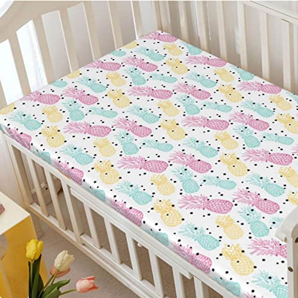 Pineapple Themed Fitted Crib Sheet,Standard Crib Mattress Fitted Sheet Soft and Breathable Bed Sheets-Baby Crib Sheets for Girl or Boy,28“ x52“,Earth Yellow Magenta Seafoam Dark Taupe