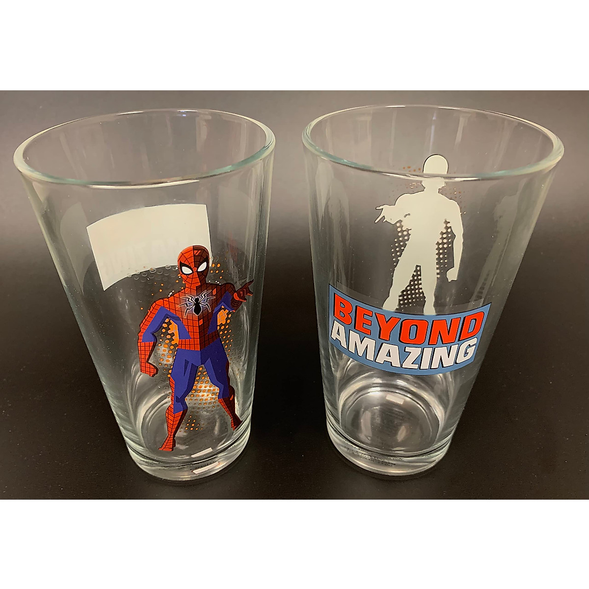 Bioworld Beyond Amazing 60th Anniversary Spider-Man 16oz Pint Glass Set, Pack of 2 Drinking Glasses