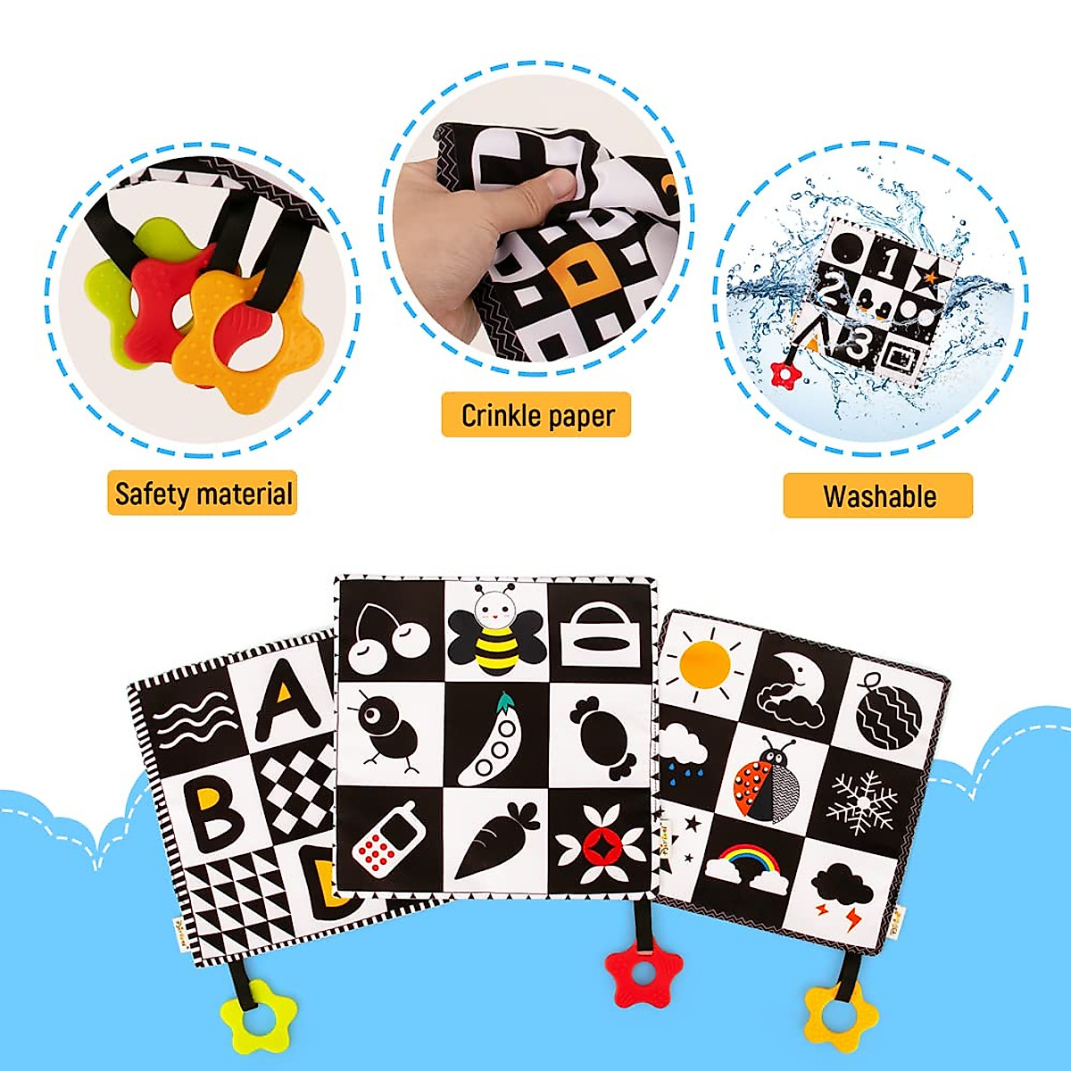 Tummy Time Play Mat, High Contrast Baby Toys,Black and White Activity Mat with Teether for Babies 0+ Months,0+Months Infant Early Educational Crinkle Toys,Baby Boy Sensory Learning Toys - Pack of 3