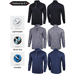 3 Pack: Men's Quarter 1/4 Zip Pullover Long Sleeve Workout Jackets, Athletic Dry Fit Running Shirts (Set 1, Medium)