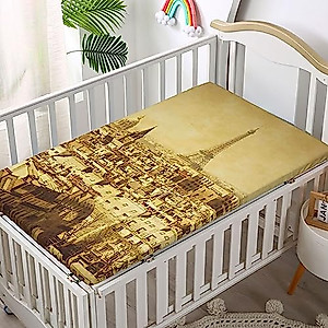 Eiffel Tower Themed Fitted Mini Crib Sheets,Portable Mini Crib Sheets Soft Toddler Mattress Sheet Fitted - Great for Boy or Girl Room or Nursery,24“ x38“,Brown