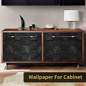 Self Adhesive Black Peel and Stick Wallpaper 3D Hexagon Geometric Embossed Contact Paper Removable Easy Peel Off Wallpaper Textured Wall Paper for Cabinet Bedroom, 15.7" X 118"