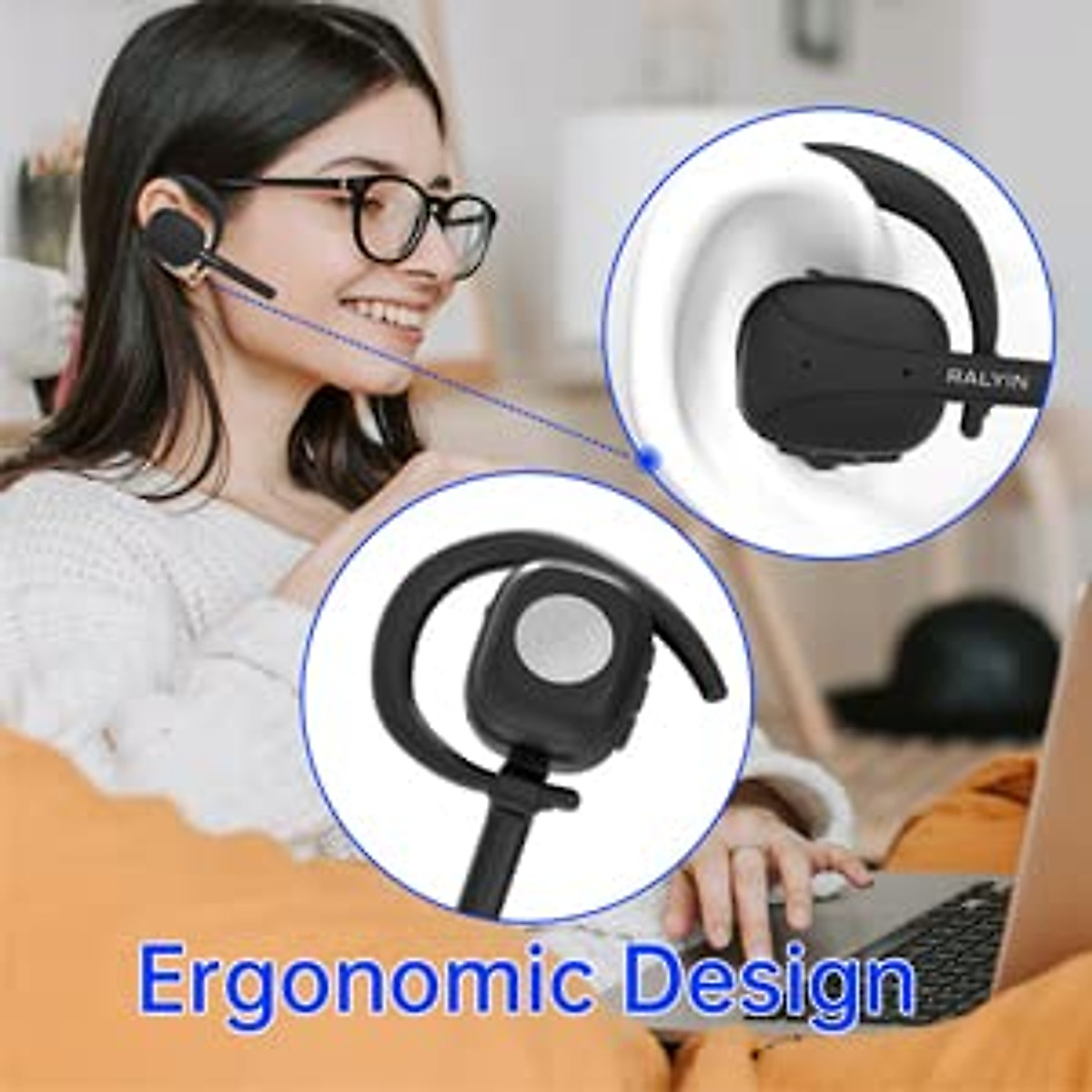 Ralyin Bluetooth Earpiece, Bluetooth Headphones with Daul Mic Noise Cancellation, 24 Hrs Driving Headset 60 Days Standby Time for Running Cycling Workout