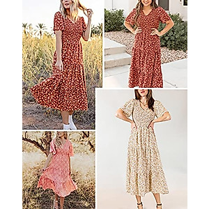 Annebouti Women 2023 Summer Short Sleeve V Neck Beach Modest Boho Floral Tiered Smocked Casual Midi Dress with Pockets Brown