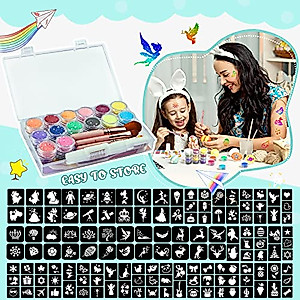 Temporary Glitter Tattoo Kids, Eleanore's Diary 31 Glitter Colors,165 Unique Stencils,2 Glue,4 Brushes,Adults & Kids Arts Glitter Make Up Kit, Gifts for Girls Boys Birthday Party Summer Beach Festival