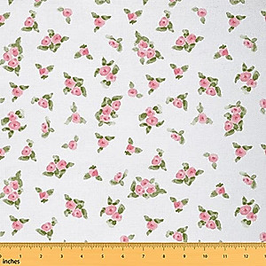 Pink Rose Fabric by The Yard, Flower Floral Decorative Fabric, Kawaii Pastoral Style Material by The Yard,Romantic Valentines Themed Upholstery Fabric, Whhite Pink, 1 Yard