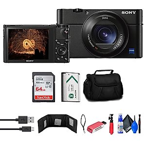 Sony Cyber-Shot DSC-RX100 VA Digital Camera (DSC-RX100M5A/B) + Case + 64GB Card + Card Reader + Flex Tripod + Memory Wallet + Cleaning Kit (Renewed)