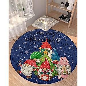 Winter Gnomes Fluffy Round Area Rug Carpets 3ft, Plush Shaggy Carpet Soft Circular Rugs, Non-Slip Fuzzy Accent Floor Mat for Living Room Bedroom Nursery Home Decor Christmas Snowflake Flower Navy Blue
