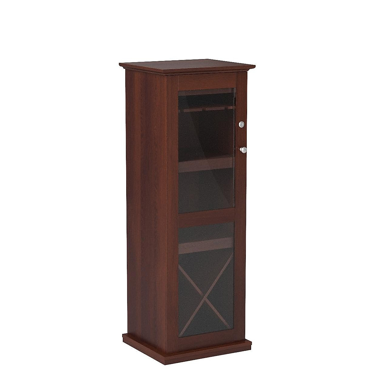 Atlantic Herrin Bar Cabinet, Tempered Glass Lockable Door, European Hidden Hinges, Storage for 9 Wine Glasses & 16 Bottles of Wine, Accessory Drawer & Liquor Storage, PN 38408116 – Textured Chestnut