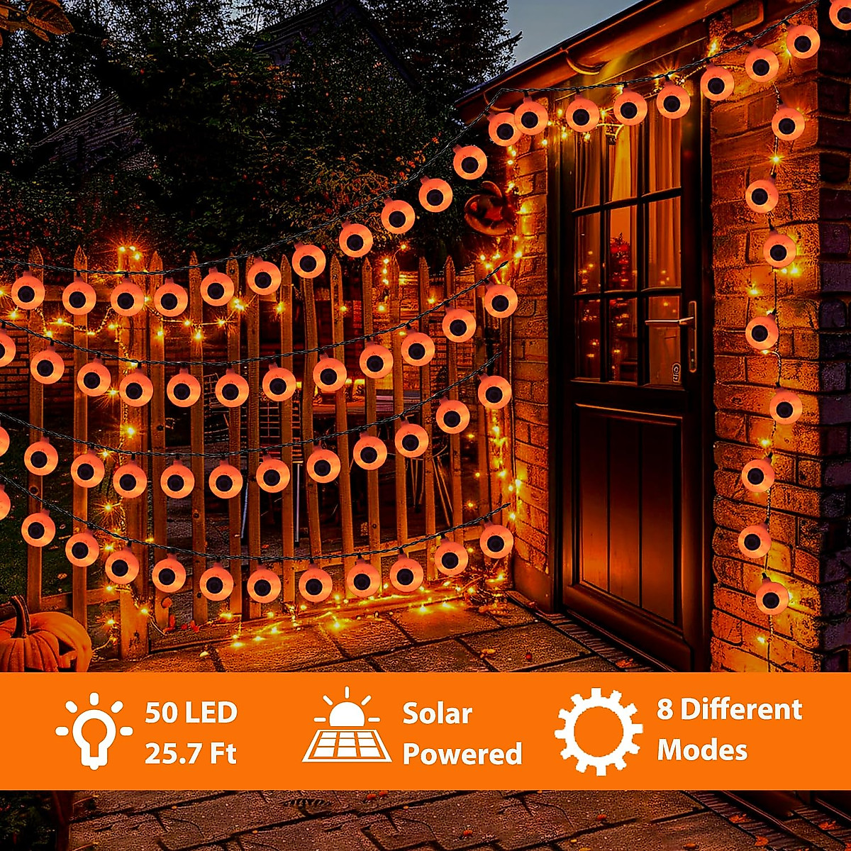 HUGSVIK Big Eyeball Solar Orange Halloween Lights, 26Ft 40 LED Solar Halloween Lights String with 8 Modes, Waterproof Solar Halloween Decorations Outdoor Lights for Patio Porch Garden Yard Decor