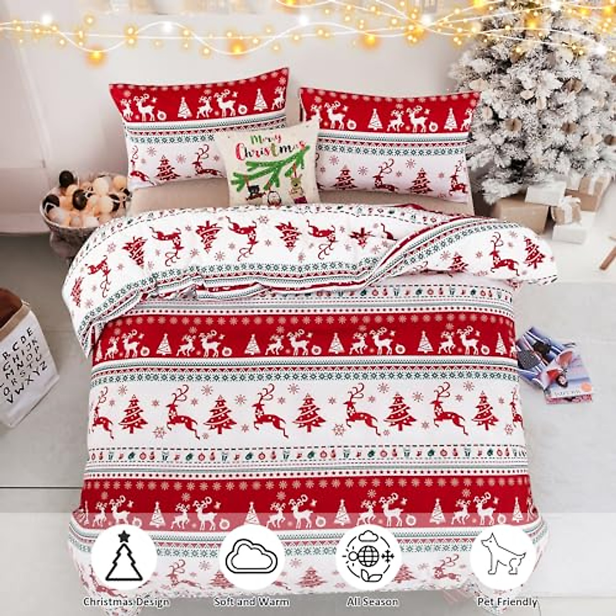 Luxudecor Christmas Duvet Cover Set Queen Size Deer Snowflake Christmas Tree Duvet Cover Soft Microfiber Bedding Set with Pillowcase for Christmas New Year (3pcs, 90"x90")