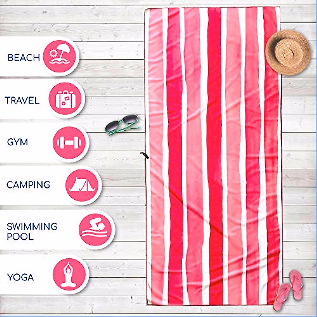 Elite Trend XL Beach Towel for Travel – Extra Large 78x35 Inch w/Bag – Lightweight Microfiber, Compact, Soft, Quick Dry, Sand Free – for Swimming, Pool, Camping, Yoga, Workout – Pink Stripes