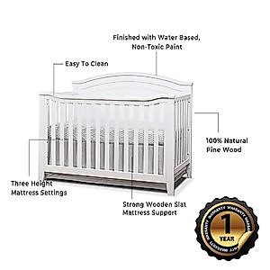 Sorelle Furniture Berkley Round Top Crib, Classic 4-in-1 Convertible Crib, Made of Wood, Non-Toxic Finish, Wooden Baby Bed, Toddler Bed, Child’s Daybed and Full-Size Bed, Nursery Furniture-White