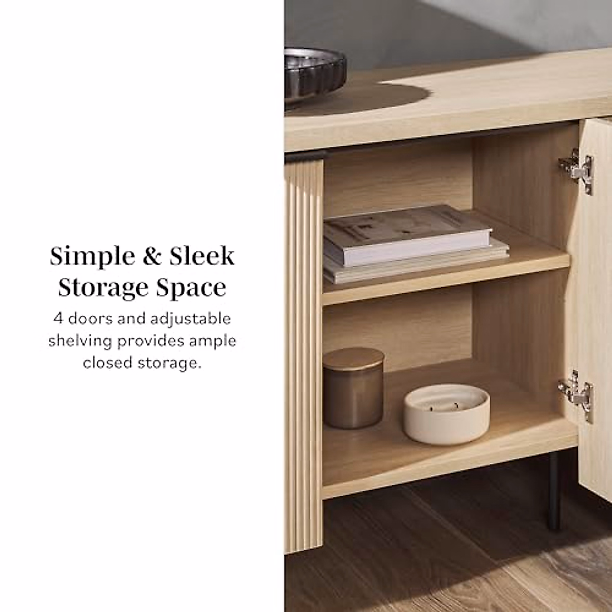 Walker Edison Modern Scandinavian Fluted Door Kitchen Storage Sideboard Buffet Cabinet Console, 69 Inch, Coastal Oak/Black